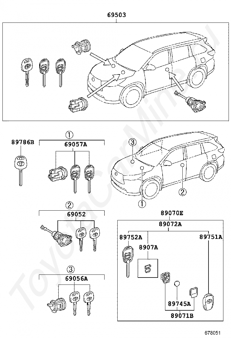 Комплект личинок замков Тойота для HIGHLANDER/KLUGER, 2013/12 - 2025, 2 ...