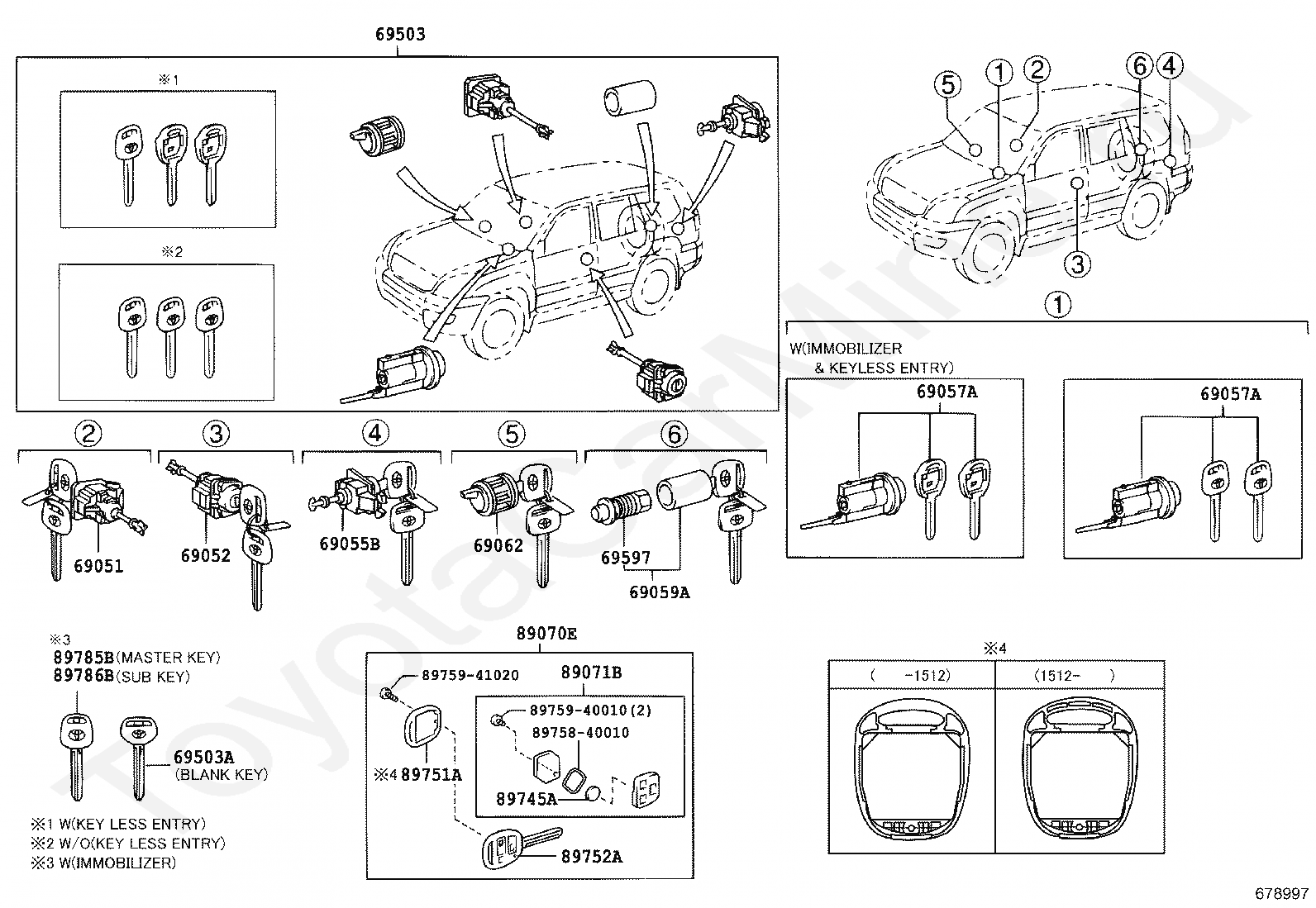 Комплект личинок замков Тойота для LAND CRUISER PRADO, 2004/08 - 2009/ ...