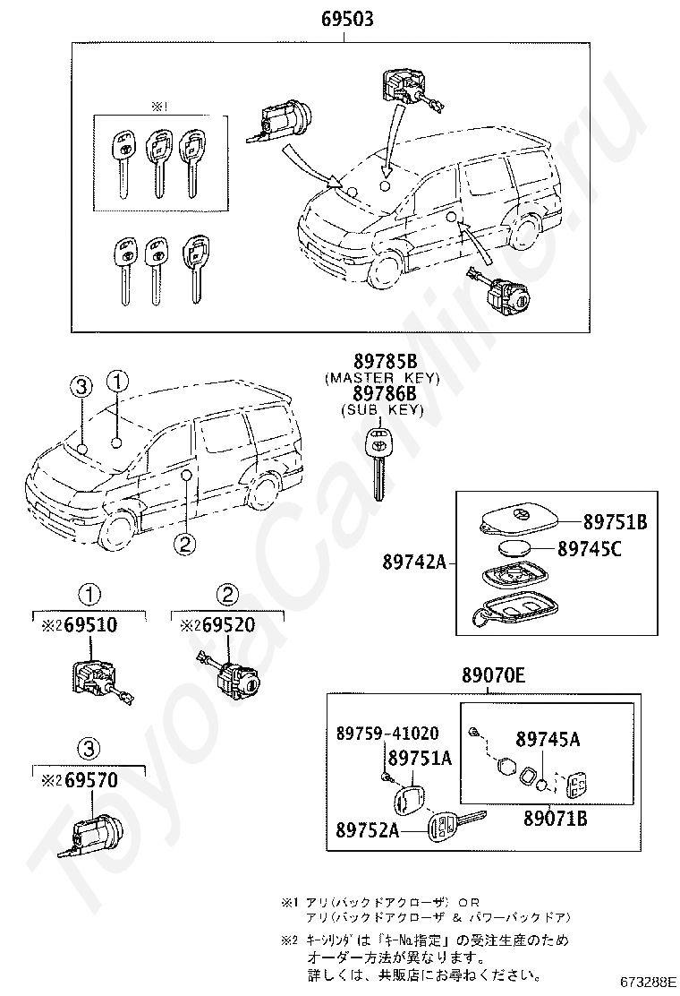 Комплект личинок замков Тойота для ALPHARD HV, 2003/07 - 2008/04, 2,4 ...