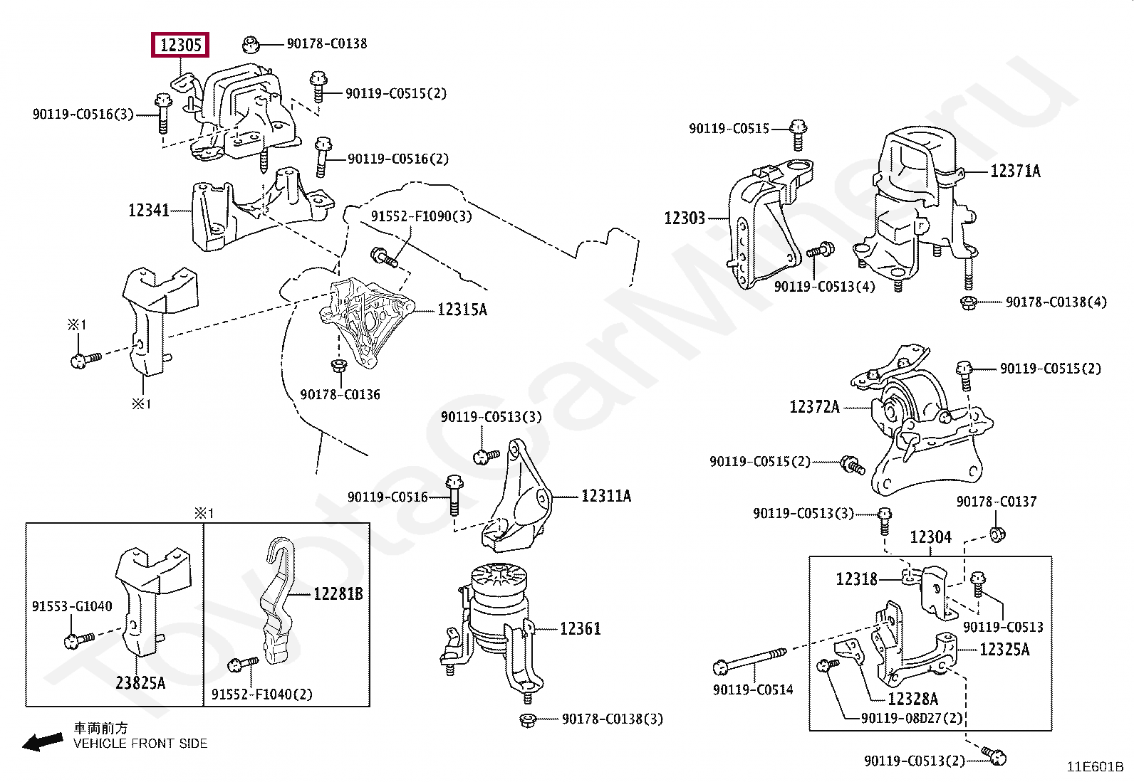 Запчасти Тойота: INSULATOR SUB-ASSY, ENGINE MOUNTING, RH (12305F2050)