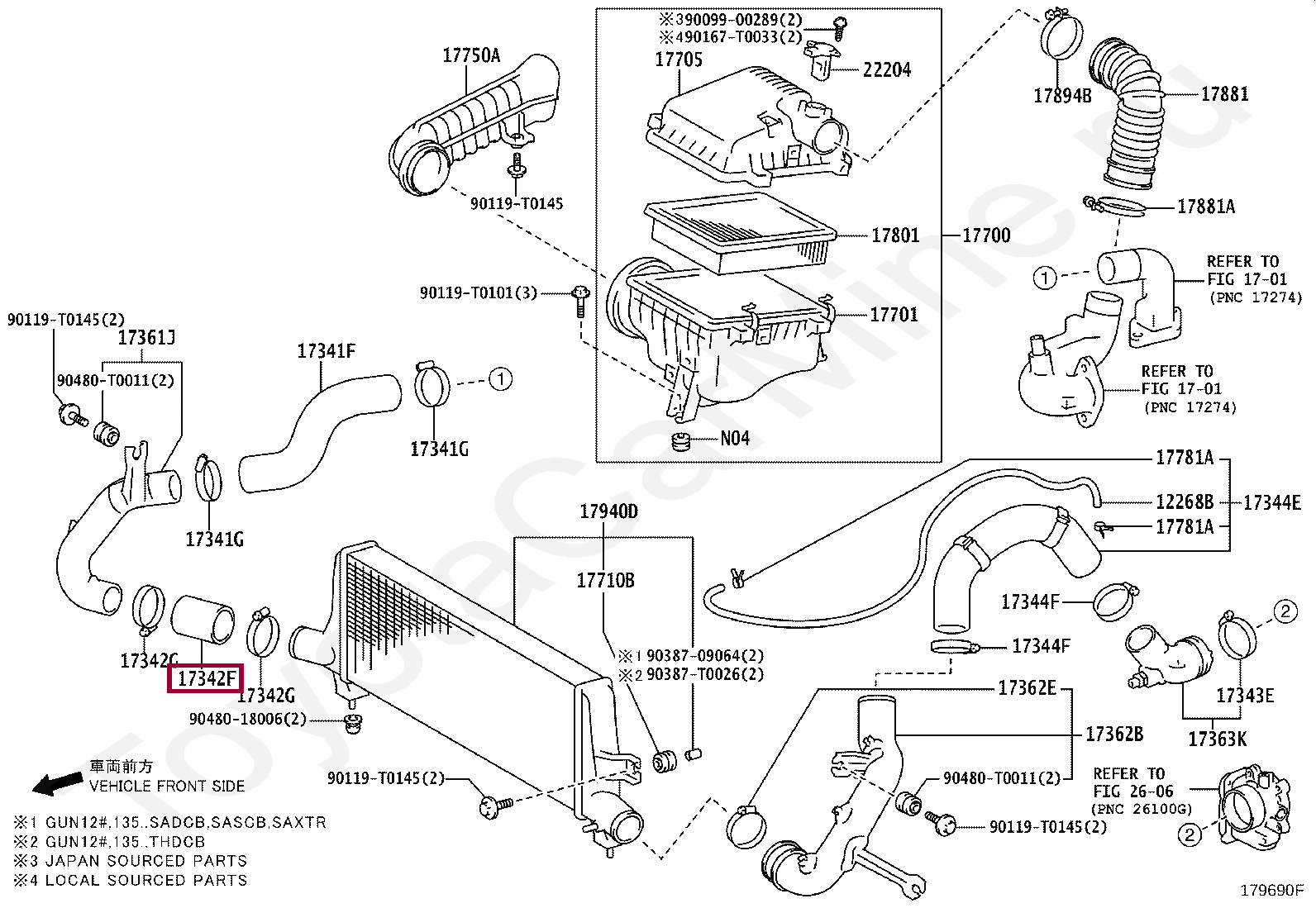 Запчасти Тойота: HOSE, AIR, NO.2(FOR INTERCOOLER) (173420L020)