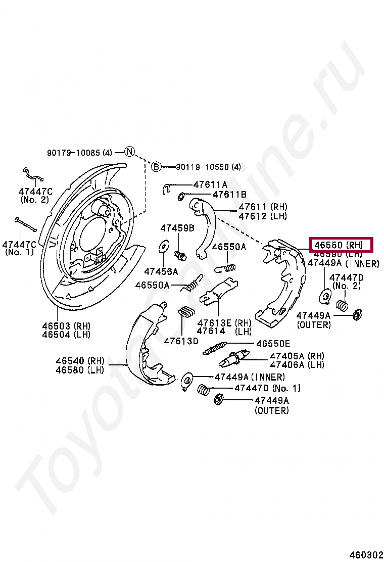 Запчасти Тойота: SHOE ASSY, PARKING BRAKE, RH OR CENTER NO.2 (4655051010)