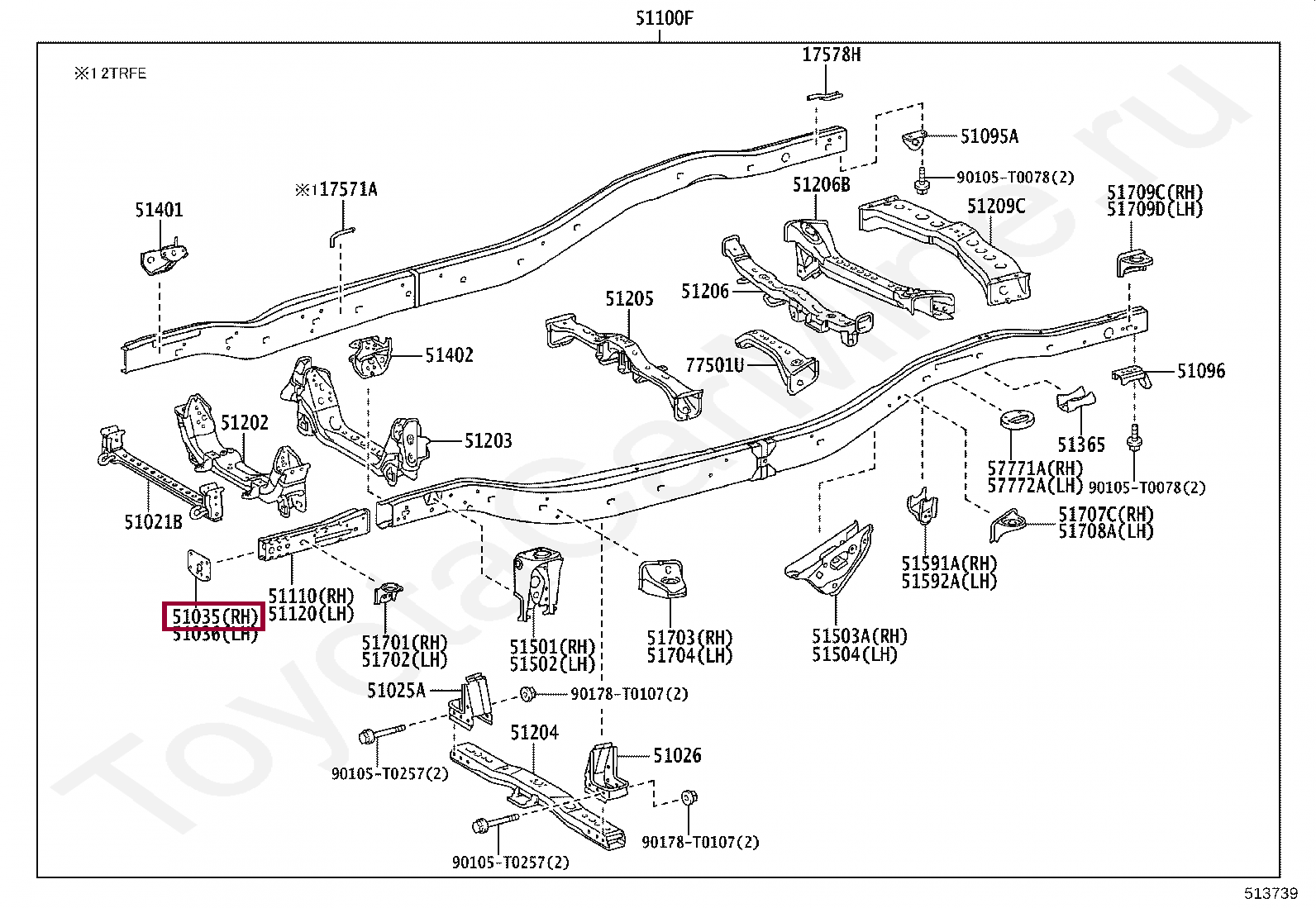 Запчасти Тойота: PLATE SUB-ASSY, FRAME SIDE RAIL, RH (51035KK010)