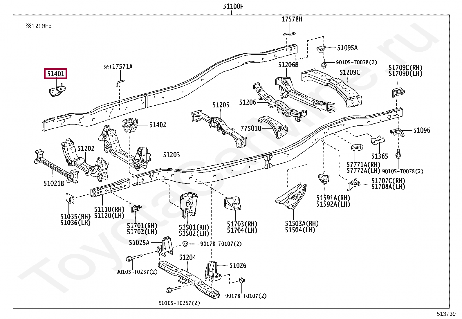 Запчасти Тойота: BRACKET SUB-ASSY, ENGINE FRONT MOUNTING, RH (51401KK040)
