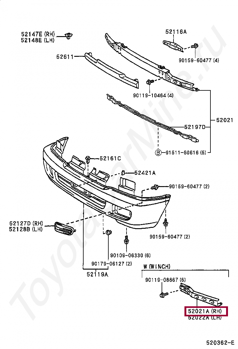 Запчасти Тойота: крепеж пер бампера правый (5202160050)