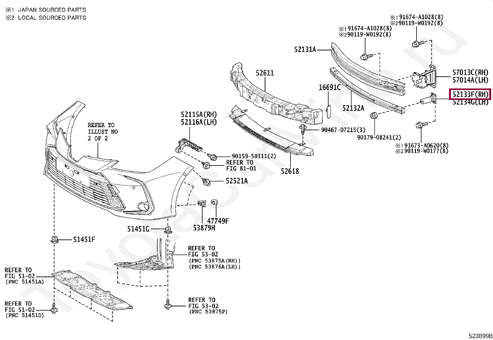 Запчасти Тойота: Кронштейн переднего бампера, левый (5213302110)