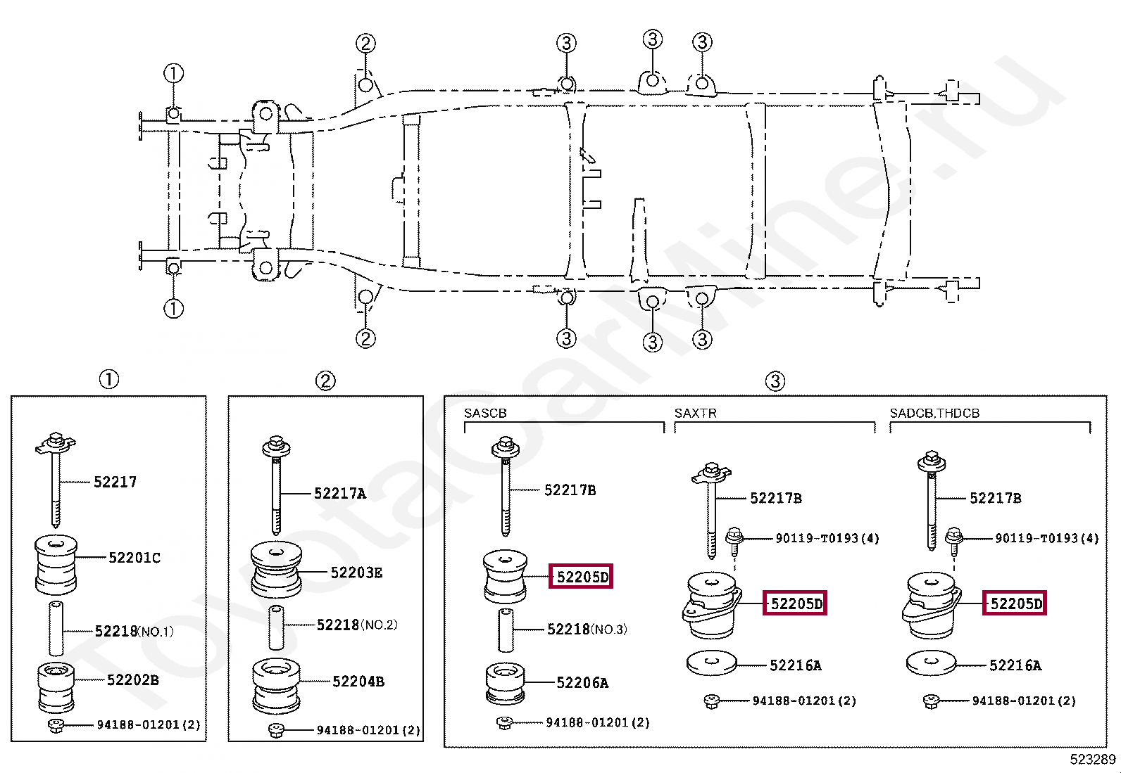 Запчасти Тойота: CUSHIION SUB-ASSY, CAB MOUNTING, NO.3 UPPER (522050K110)