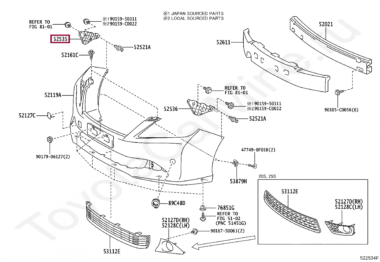 Запчасти Тойота: Направляющая бампера правая (5253533050)