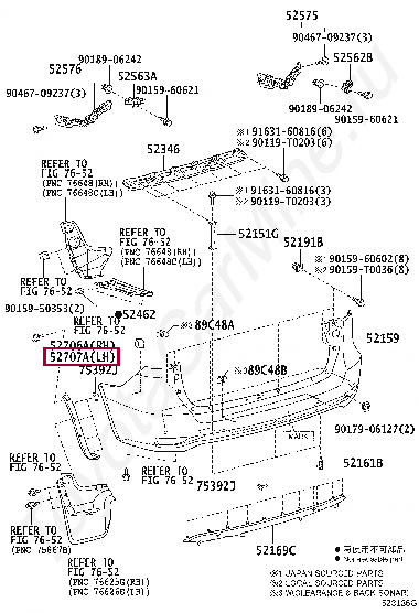 Запчасти Тойота: MOULDING SUB-ASSY, REAR BUMPER SIDE, LH (527070K030)