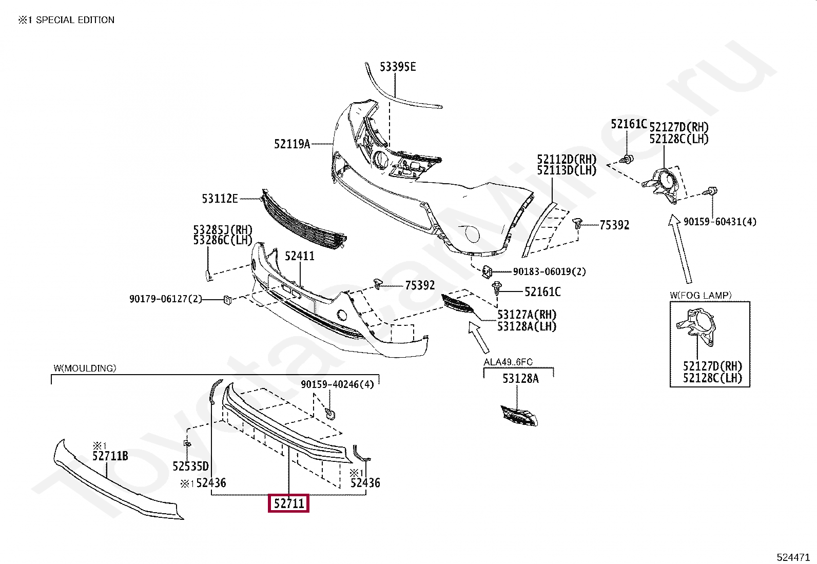 Запчасти Тойота: Молдинг переднего бампера (5271142110B0)
