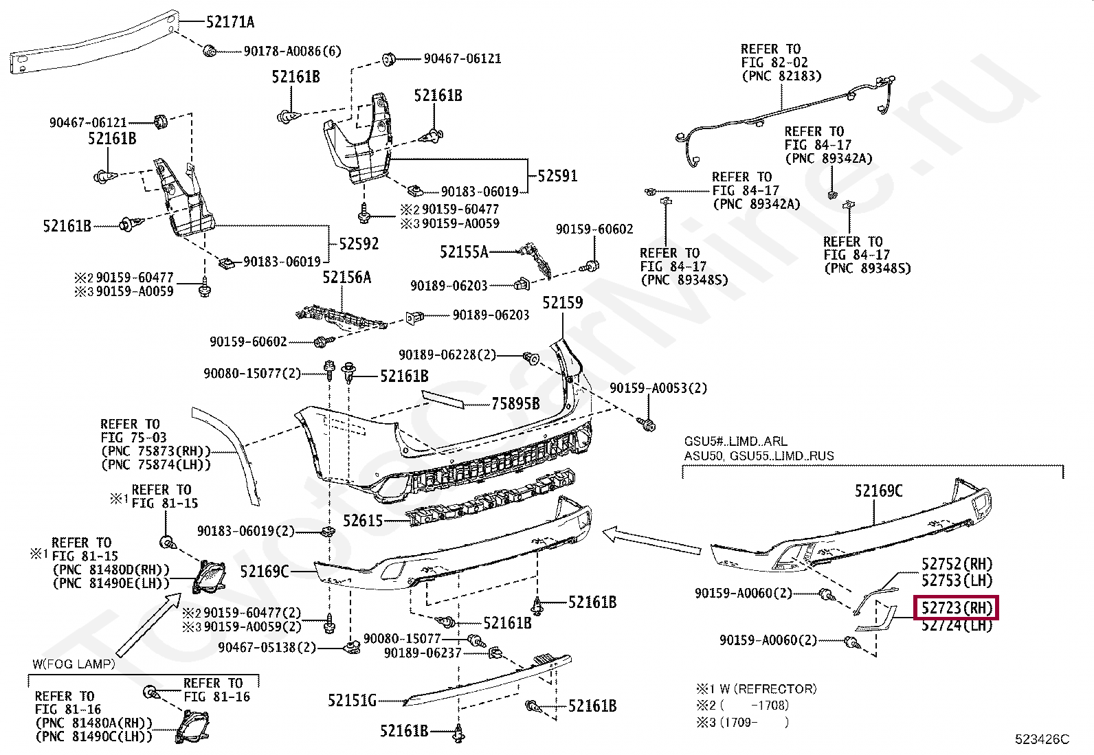 Запчасти Тойота: MOULDING, REAR BUMPER EXTENSION, RH (527230E020)