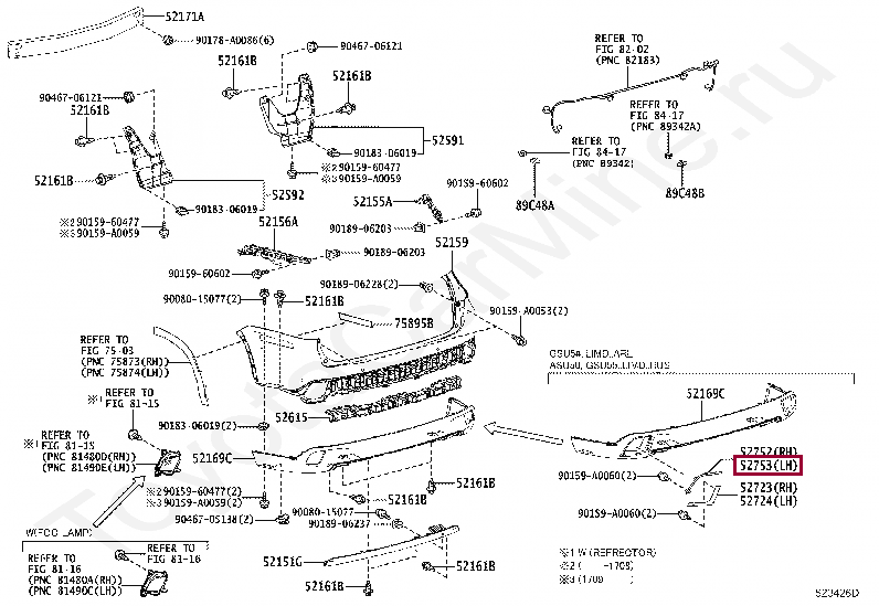 Запчасти Тойота: MOULDING, REAR BUMPER SIDE, LH (527530E030)
