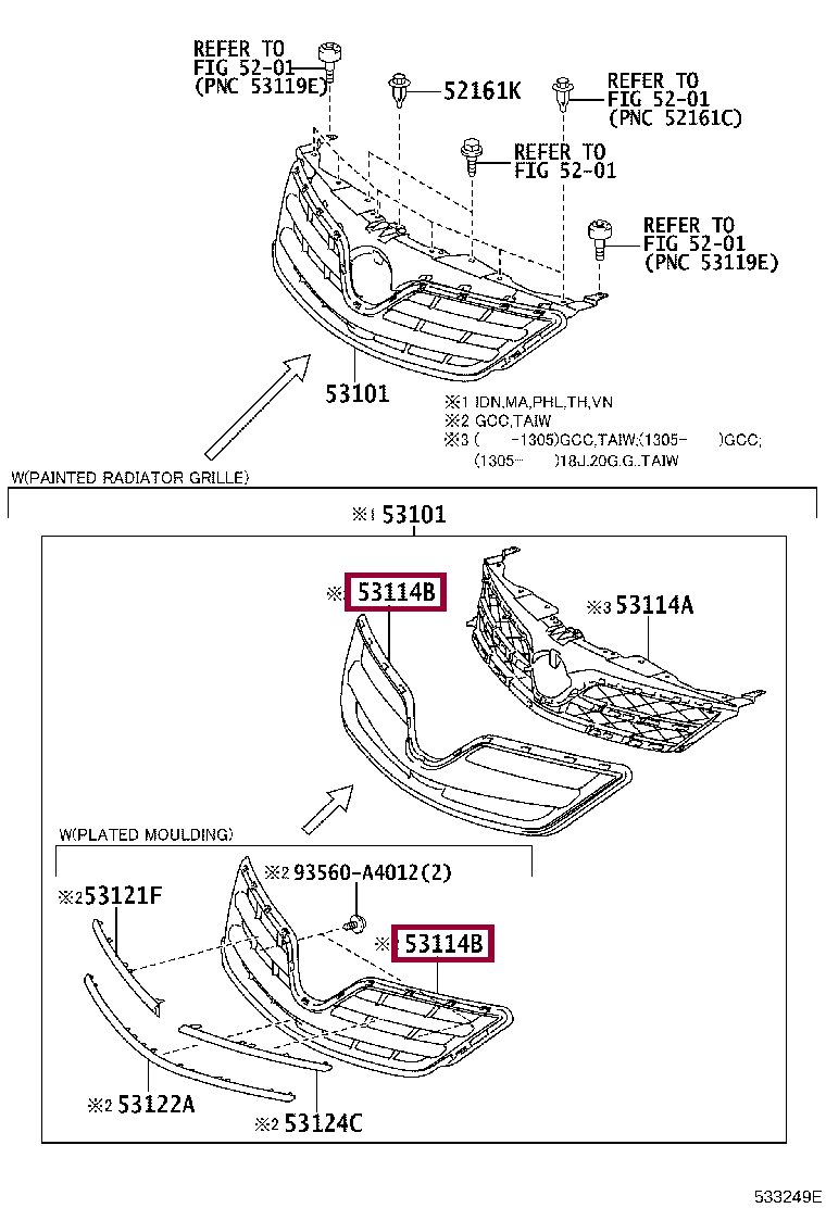 Запчасти Тойота: GRILLE, RADIATOR, UPPER (5311102904)