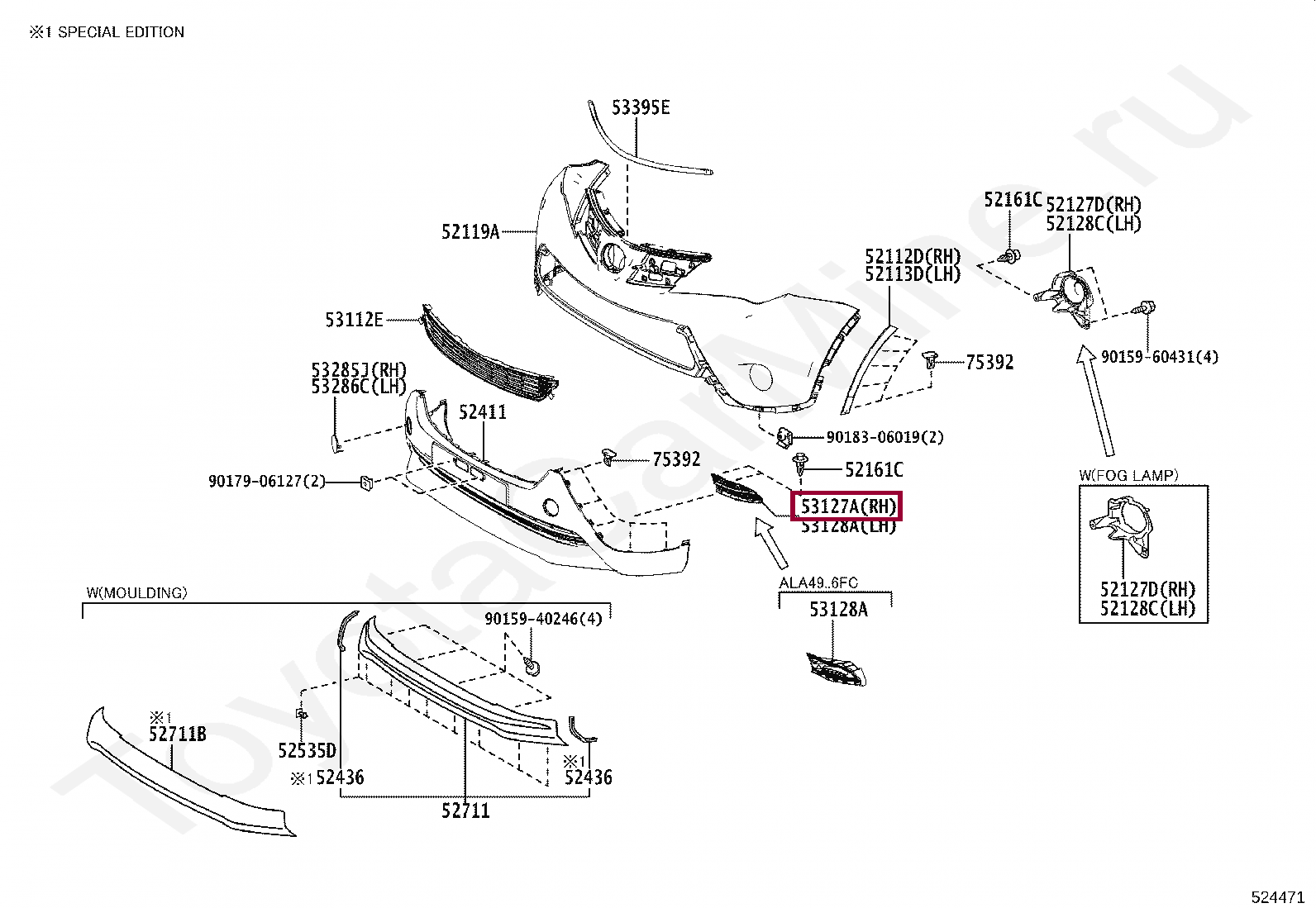 Запчасти Тойота: Заглушка/решетка накладки переднего бампера правая ...