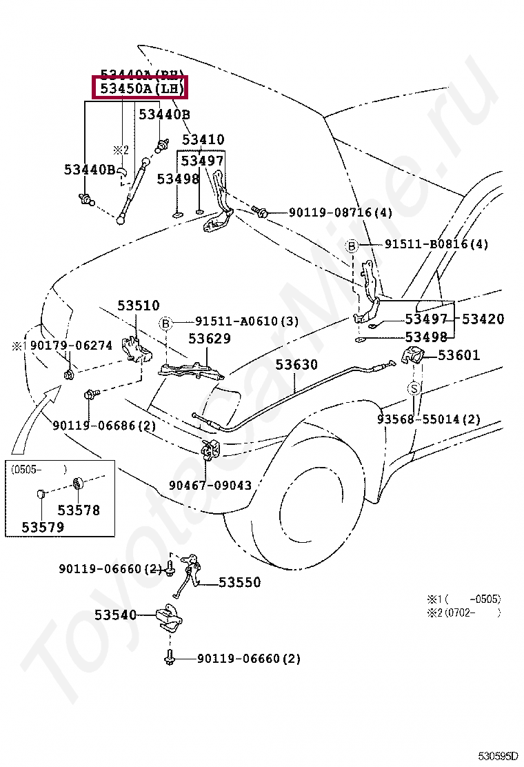 Запчасти Тойота: SUPPORT ASSY, HOOD, LH (5345069036)