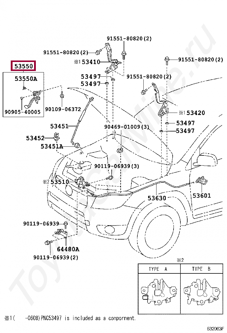 Запчасти Тойота: HOOK ASSY, HOOD AUXILIARY CATCH (5355042020)
