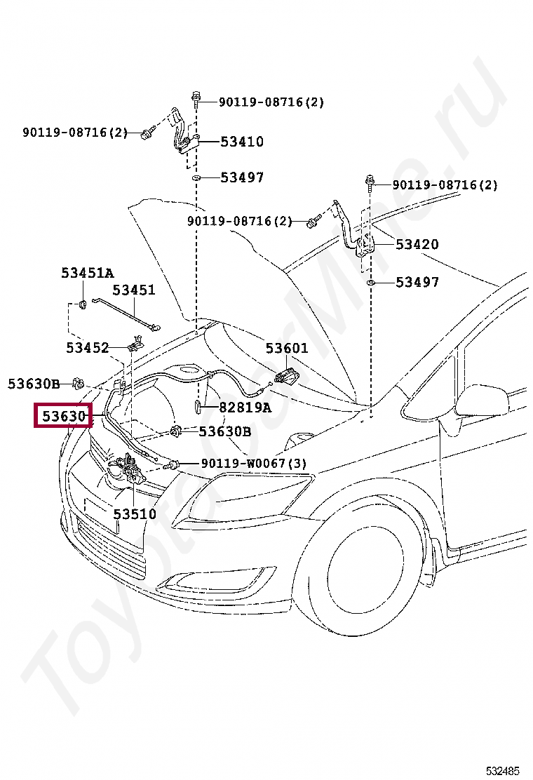 Запчасти Тойота: CABLE ASSY, HOOD LOCK CONTROL (5363012560)