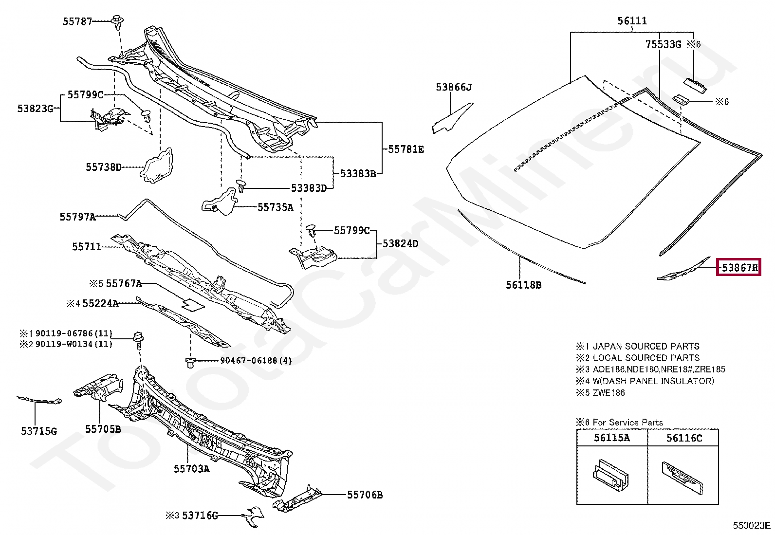 Запчасти Тойота: SEAL, FRONT FENDER TO COWL SIDE, LH (5386702040)