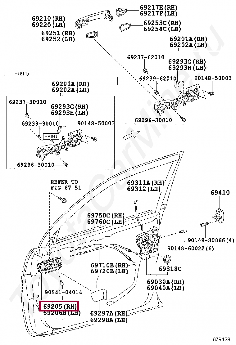 Запчасти Тойота: HANDLE SUB-ASSY, REAR DOOR INSIDE, RH (6760560040C0)