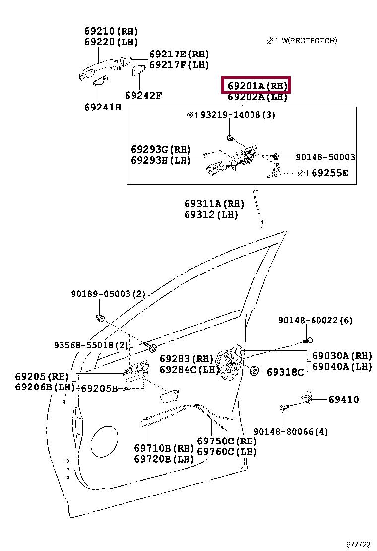 Запчасти Тойота: FRAME SUB-ASSY, FRONT DOOR OUTSIDE HANDLE, RH (6920142070)