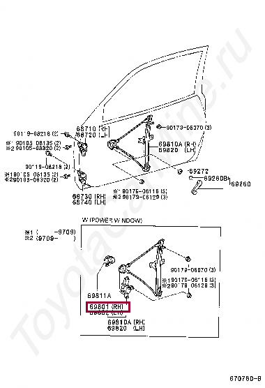 Запчасти Тойота: REGULATOR SUB-ASSY, FRONT DOOR WINDOW, RH (6980142021)