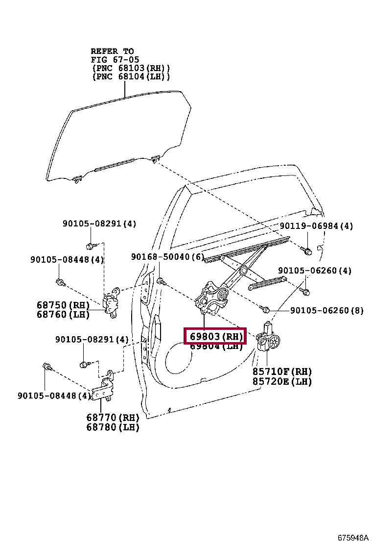 Запчасти Тойота: REGULATOR SUB-ASSY, REAR DOOR WINDOW, RH (6980148060)