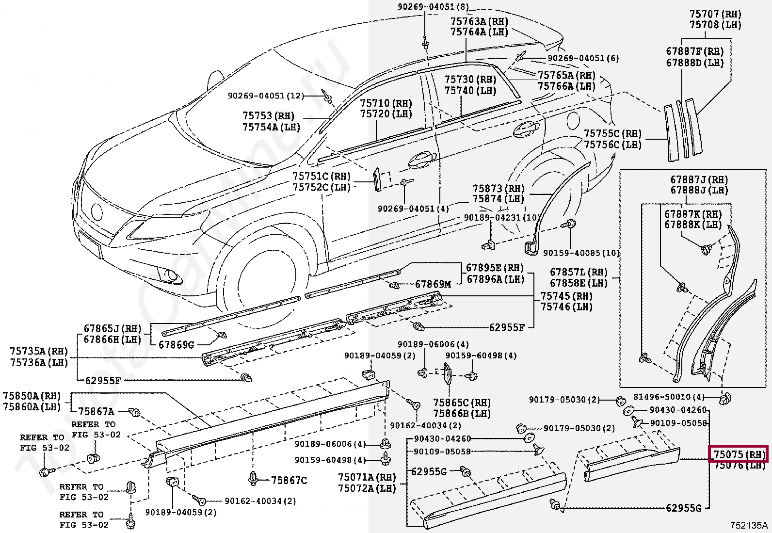 Запчасти Тойота: MOULDING SUB-ASSY, REAR DOOR, OUTSIDE RH (7507548050)