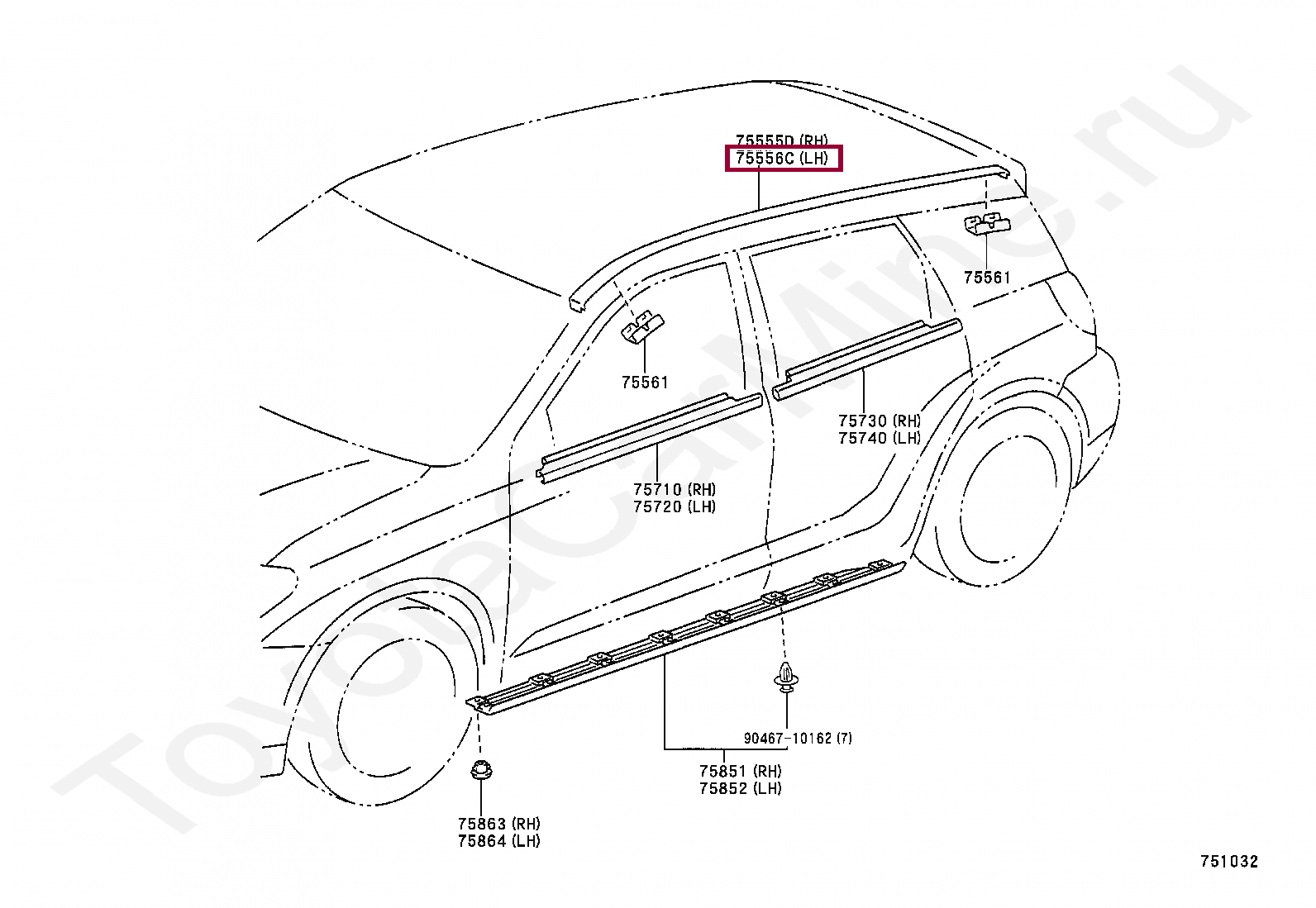 Запчасти Тойота: MOULDING, ROOF DRIP SIDE FINISH, CENTER LH (7555602040)