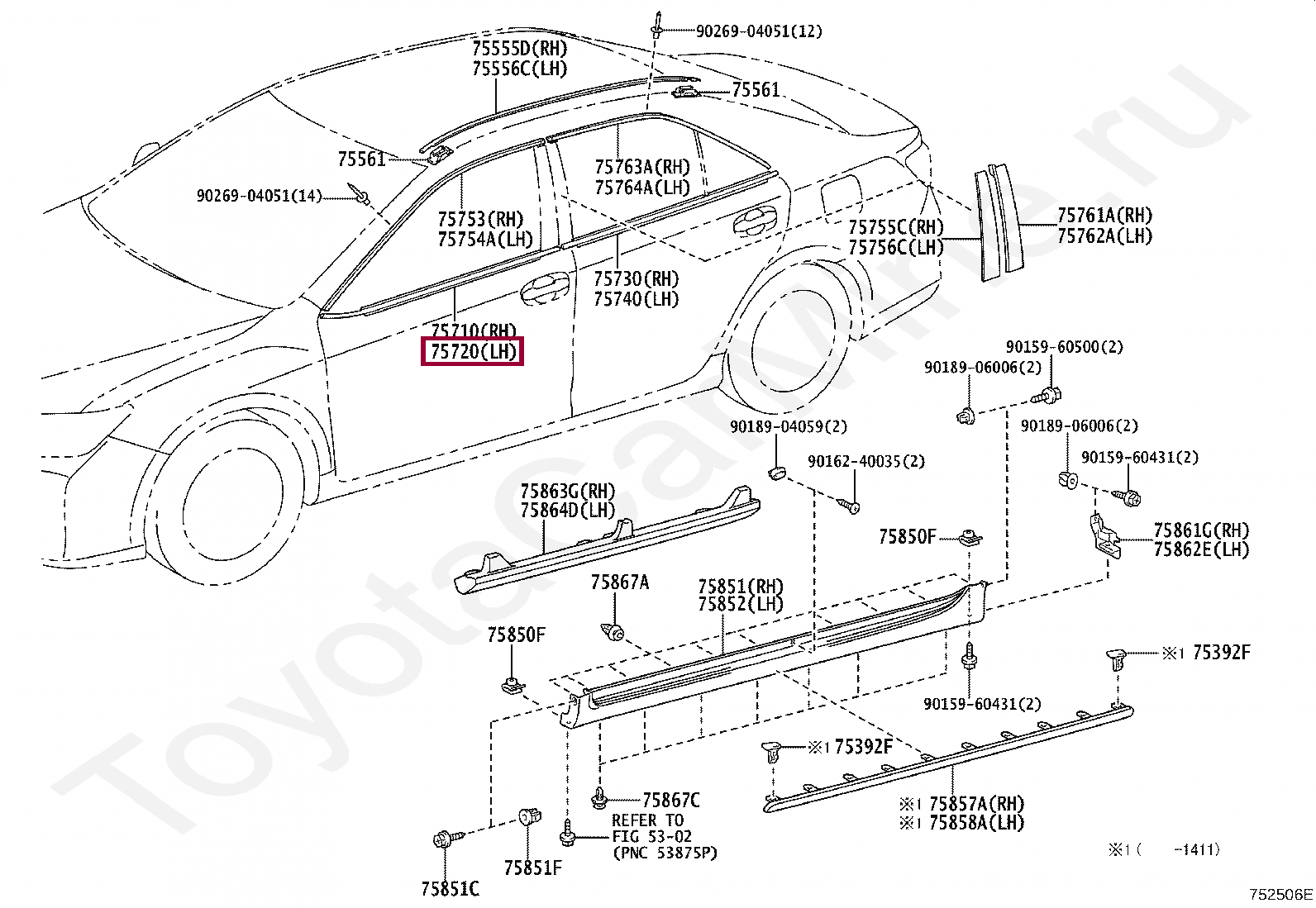 Запчасти Тойота: Молдинг передней левый нижний (7572033140)