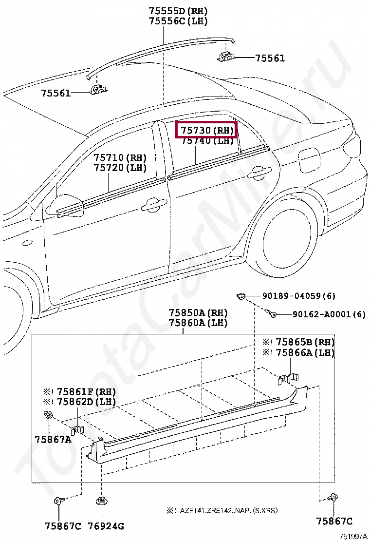 Запчасти Тойота: MOULDING ASSY, REAR DOOR BELT, RH (7573012300)