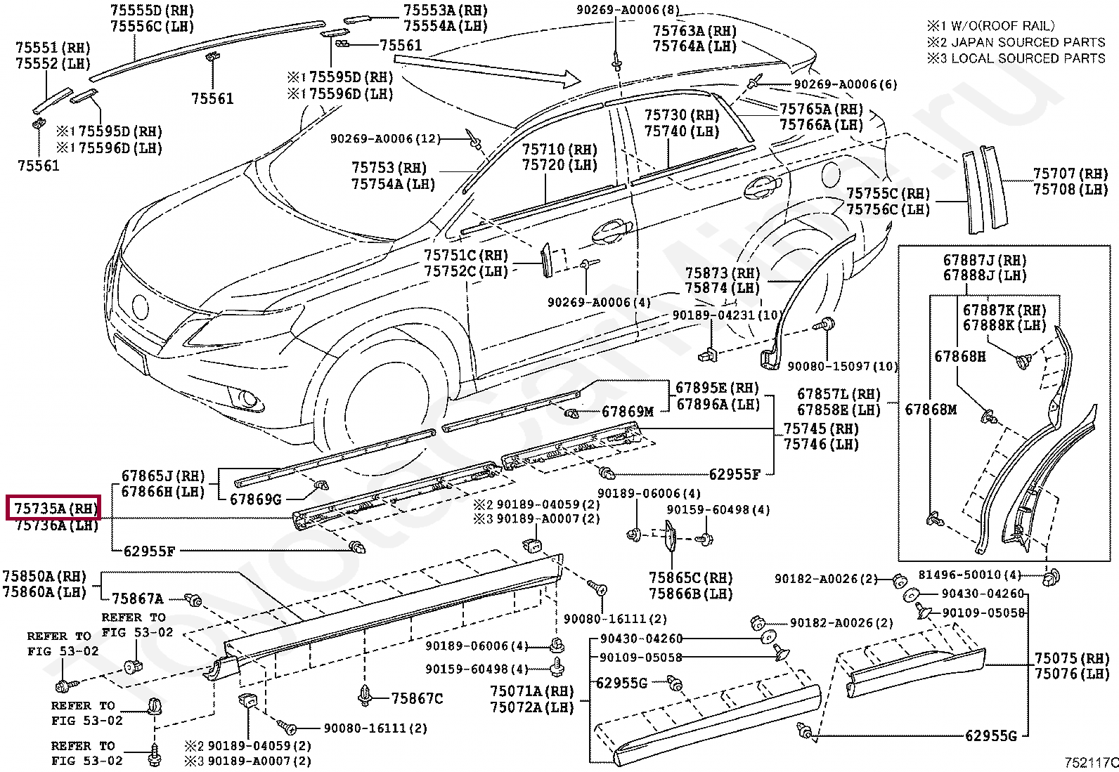 Запчасти Тойота: MOULDING, FRONT DOOR OUTSIDE, LOWER RH (757350E010)
