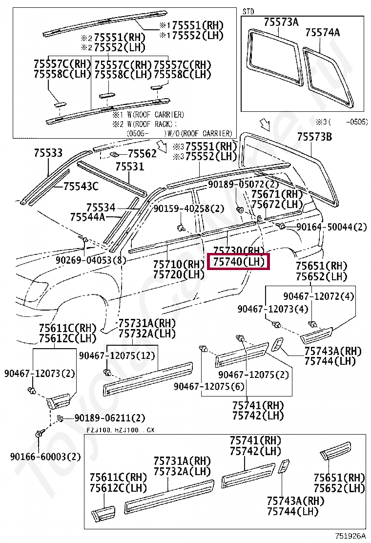 Запчасти Тойота: MOULDING ASSY, REAR DOOR BELT, LH (7574060030)