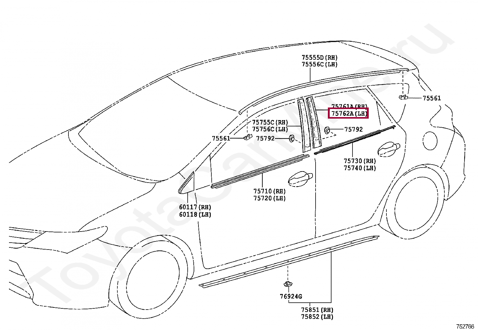 Запчасти Тойота: MOULDING, REAR DOOR WINDOW FRAME, FRONT LH (7576202110)