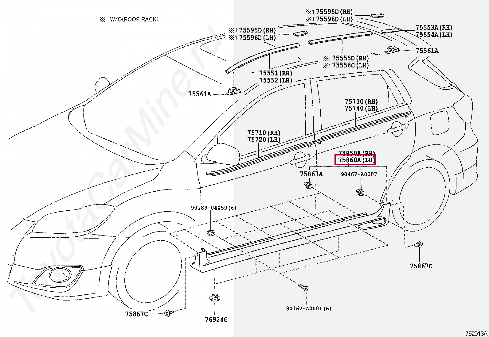 Запчасти Тойота: MOULDING ASSY, BODY ROCKER PANEL, LH (7586002904)