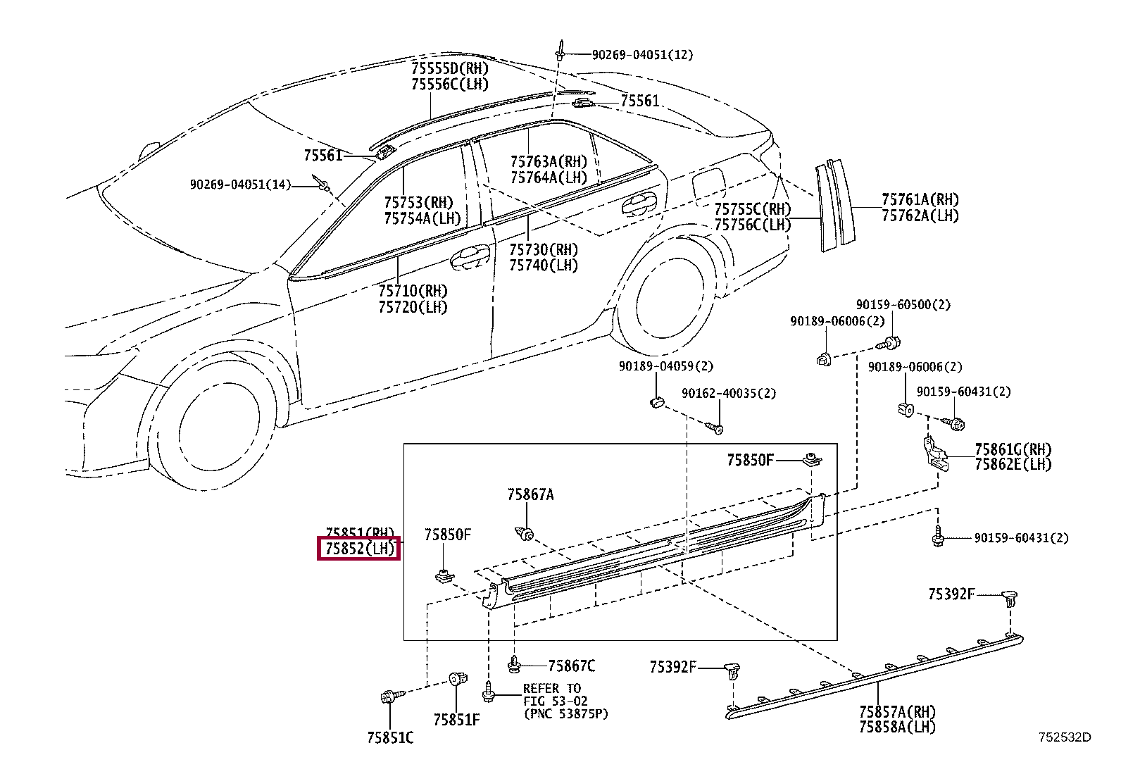 Запчасти Тойота: MOULDING, ROCKER PANEL, LH (7586033900D0)