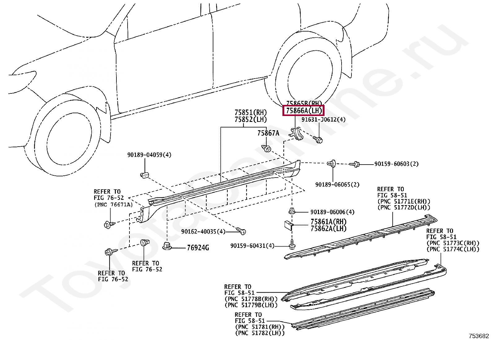 Запчасти Тойота: RETAINER, ROCKER PANEL MOULDING (7586660020)