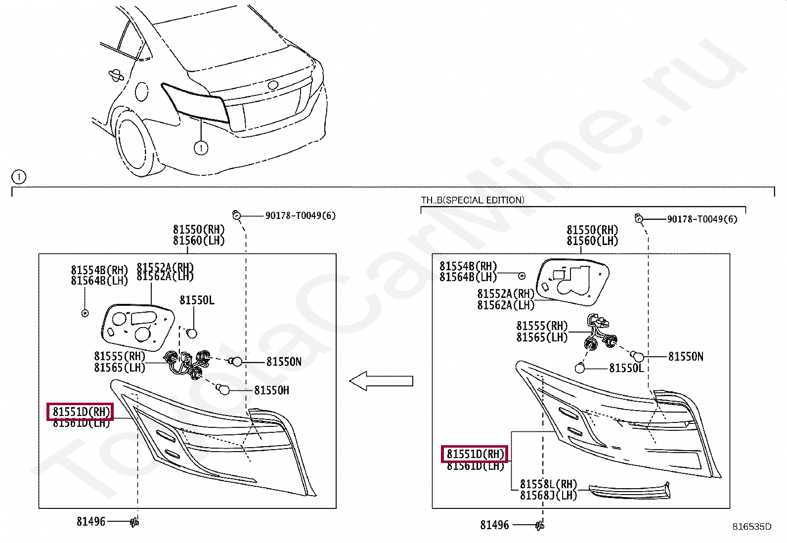 Запчасти Тойота: LENS & BODY, REAR COMBINATION LAMP, RH (815510DA40)