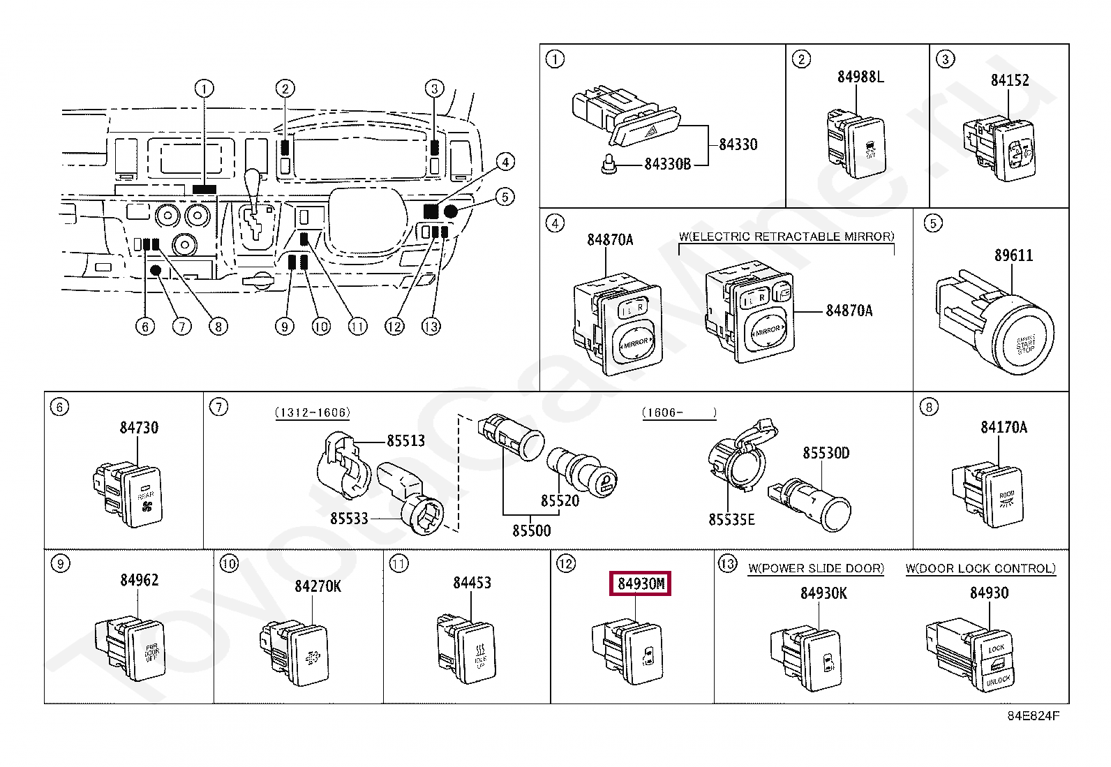 Запчасти Тойота: SWITCH ASSY, AUTO SLIDE DOOR CONTROL (8496358010)