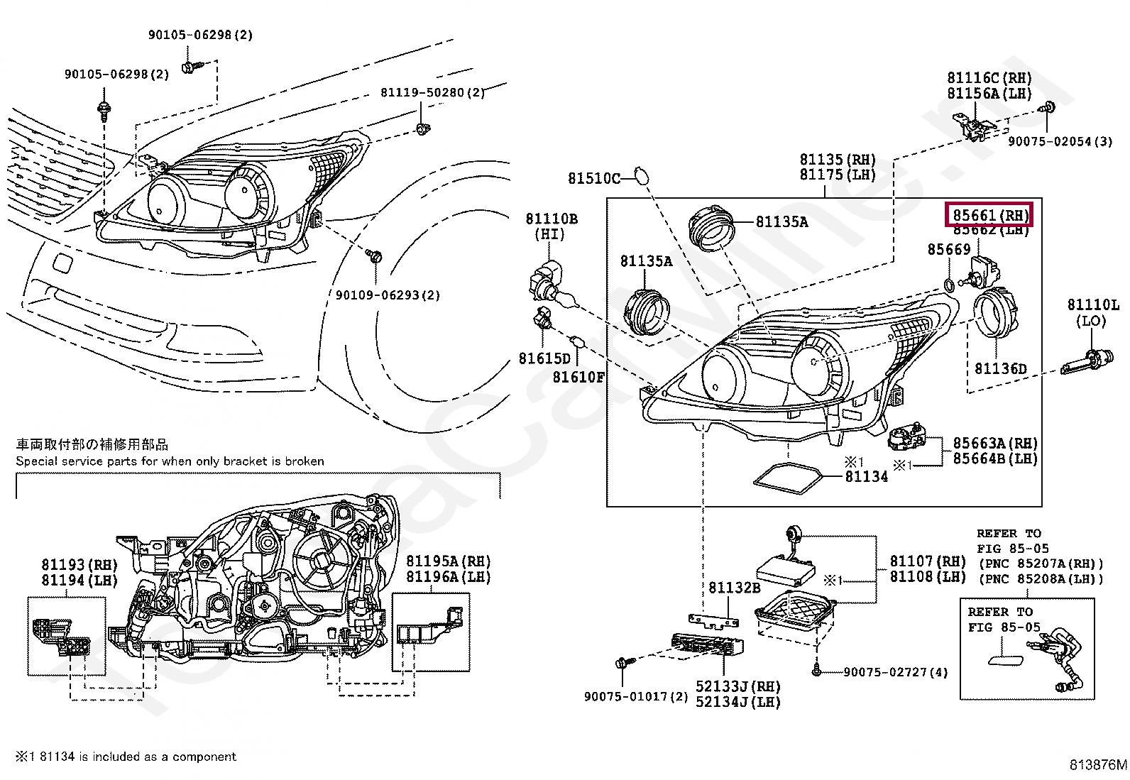 Запчасти Тойота: MOTOR, HEADLAMP LEVELING, RH (8566128011)