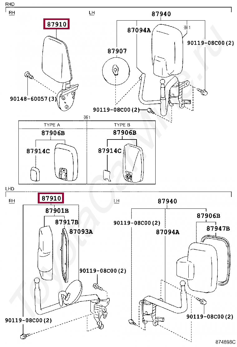 Запчасти Тойота: MIRROR ASSY, OUTER REAR VIEW, RH (8791025040)