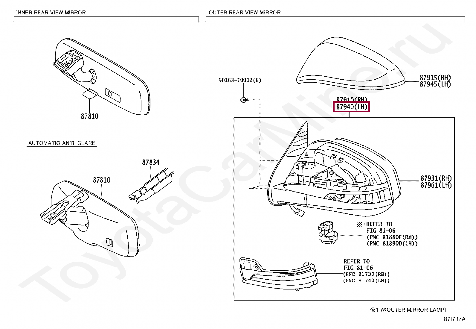 Запчасти Тойота: MIRROR ASSY, OUTER REAR VIEW, LH (879400KE33)